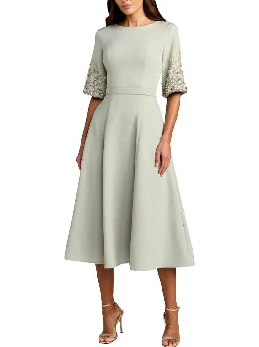 Mac Duggal Crepe A-line Midi Dress With Beaded Sleeves - Sage