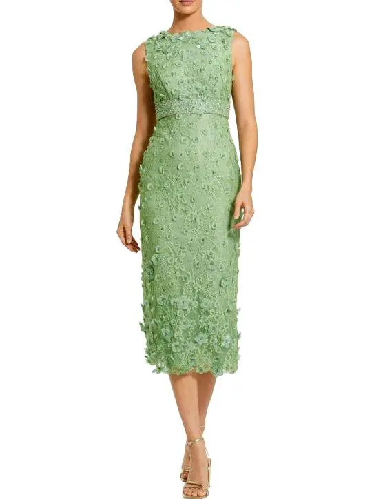 Mac Duggal Floral Appliqué Lace Midi Dress - Sage