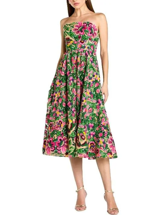 Mac Duggal Floral Embroidered Strapless Midi Dress - Green Multi
