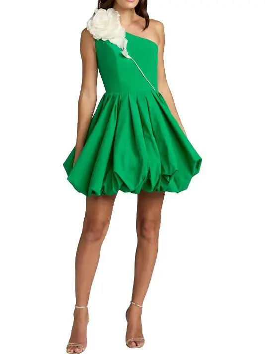 Mac Duggal One-shoulder Floral Appliqué Bubble Mini Dress - Spring Green