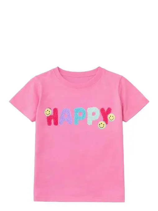 PREPPY GOOSE Happy Applique Short Sleeve Tee - Medium Pink