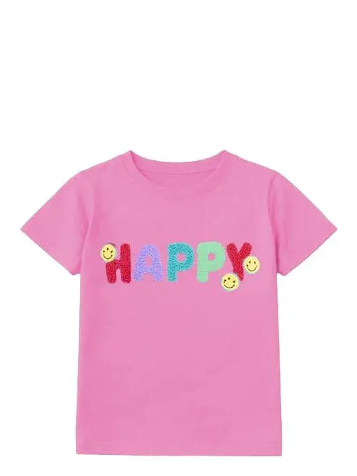PREPPY GOOSE Happy Applique Short Sleeve Tee - Medium Pink