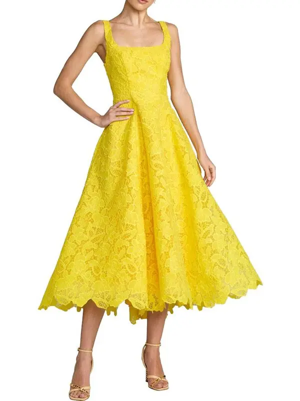 Mac Duggal Sleeveless Lace Midi Dress With Pockets - Buttercup