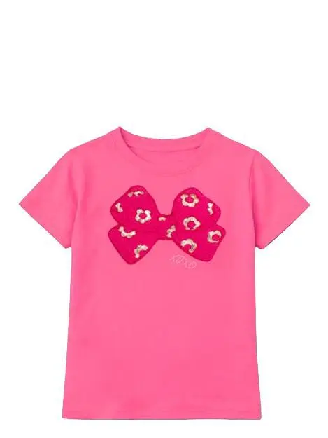 PREPPY GOOSE Sequin Bow Applique Short Sleeve Tee - Fuschia