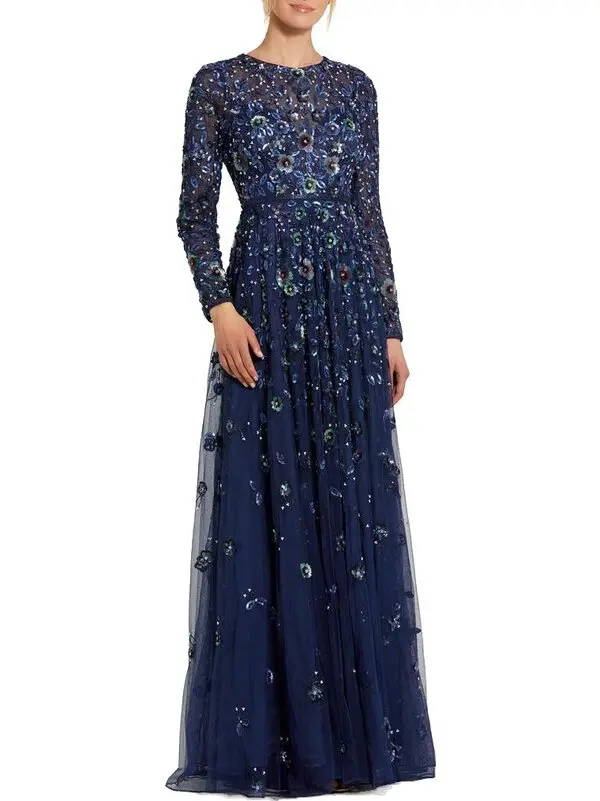 Mac Duggal Embellished Floral High Neck Long Sleeve Gown - Navy