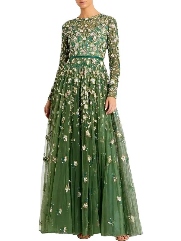 Mac Duggal Petite Embellished High Neck Long Sleeve A-line Gown - Sage