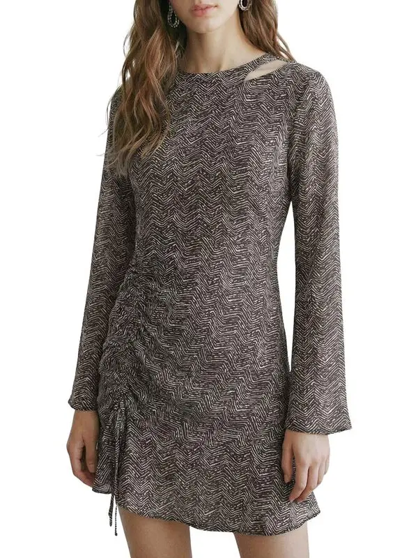 Mango Print Long Sleeve Mini Dress - Charcoal