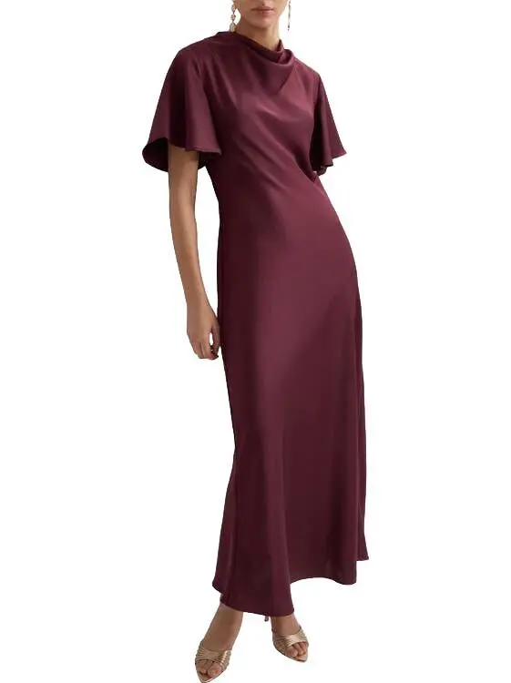 Mango Satin Draped Neck Maxi Dress - Maroon