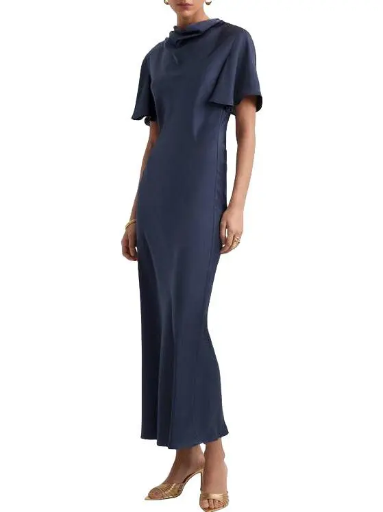 Mango Satin Draped Neck Maxi Dress - Petrol Blue