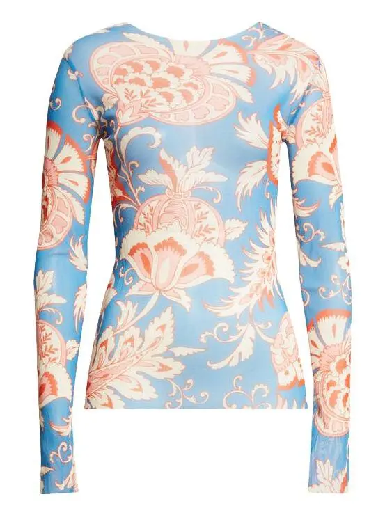 Etro Paisley Print Mesh Top - Print On Pale Blue Base