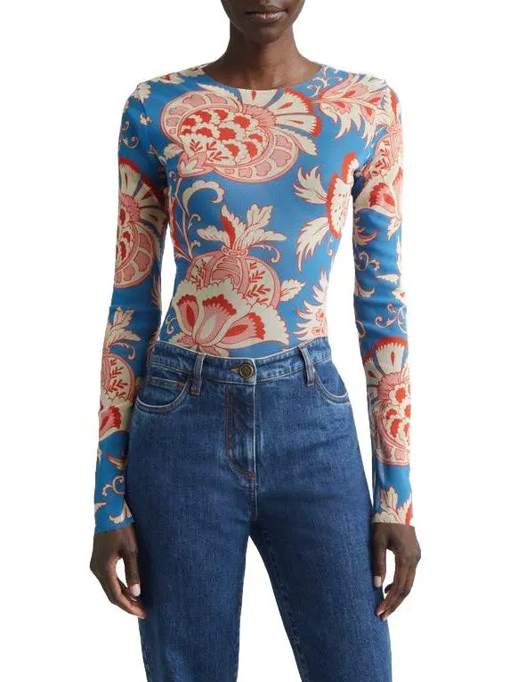 Etro Paisley Print Mesh Top - Print On Pale Blue Base