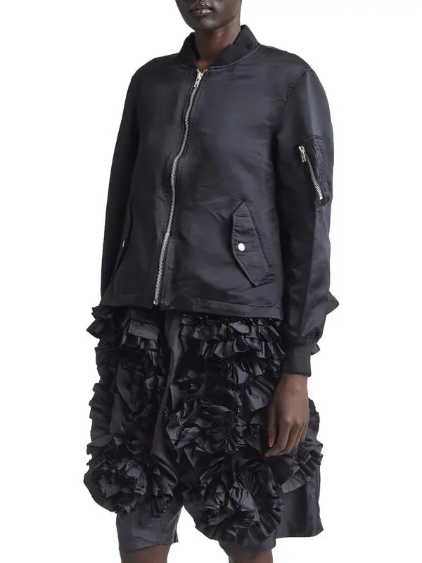 Comme Des Garçons Ruffle-hem Satin Bomber Jacket - Black