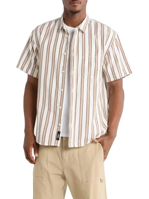 VANS Lawson Stripe Short Sleeve Cotton & Linen Button-up Shirt - White-potting Soil