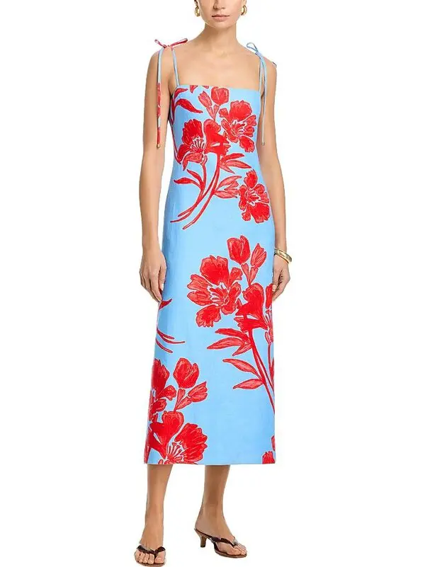 Cara Cara Chelsea Linen Tie Shoulder Midi Dress - Flora Shadow Sky