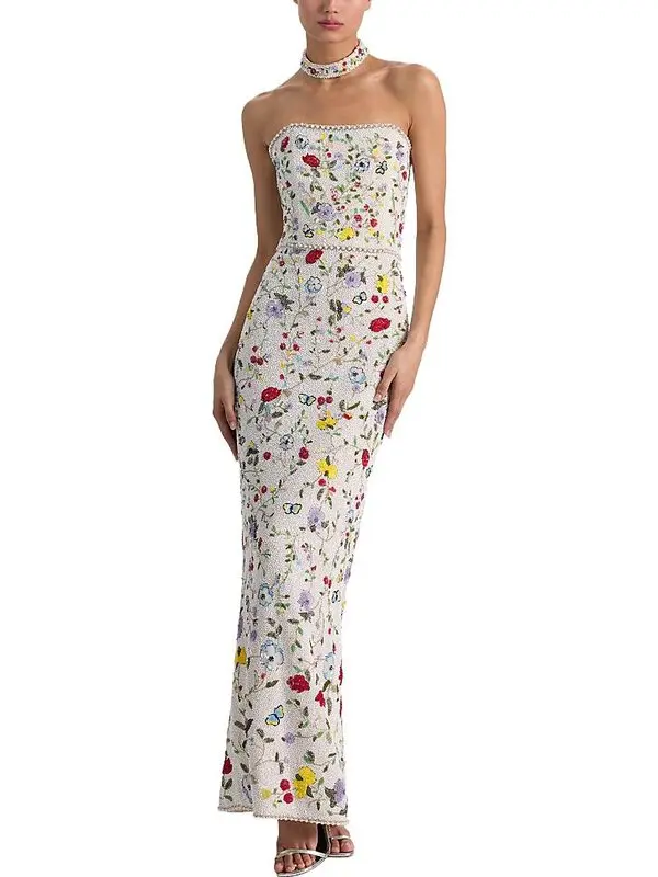 Alice + Olivia Georgie Embellished Strapless Gown - Twisting Vines Off White