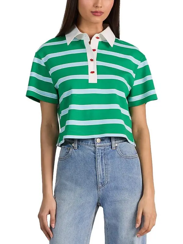 Alice + Olivia Lyle Rugby Polo Tee - Green Apple Stripe