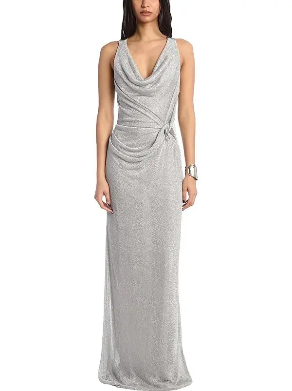 KATE BARTON Knit Gathered Cowl Neck Dress - Silver