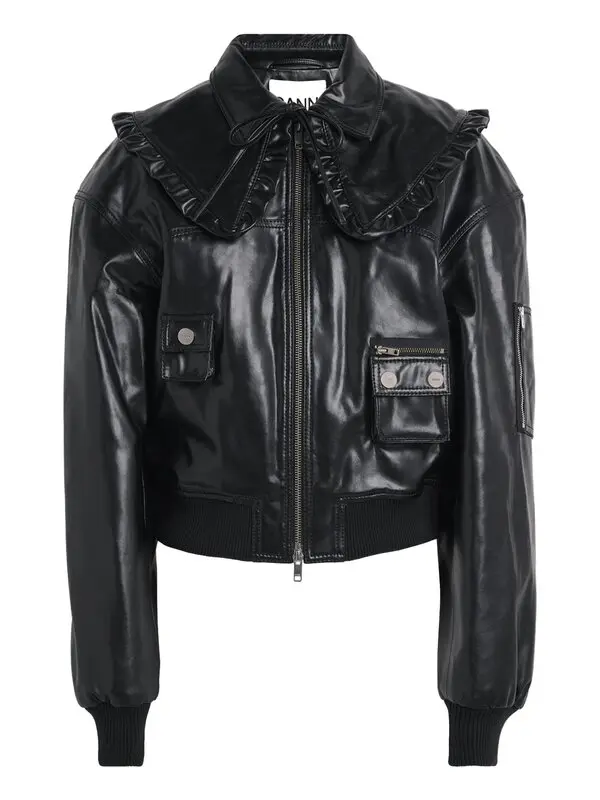 GANNI Recycled Leather Ruffled-collar Jacket - Black