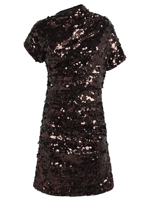GANNI Sequin Draped Mini Dress - Brown
