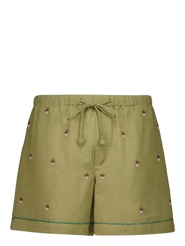 BAZISZT Floral Embroidered Cotton Shorts - Green