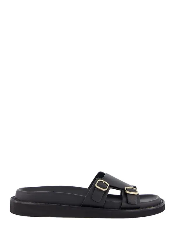 Santoni Double Buckle Leather Slides - Black