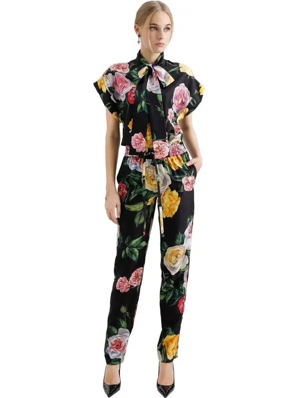 Dolce & Gabbana Silk Shirt With Peony And Rose Print - Black