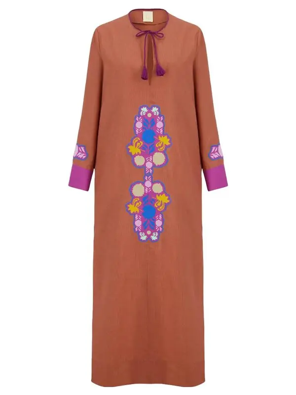 PAULA Camille Caramel Café Linen Dress With Embroidered Patches And Belt - Brown