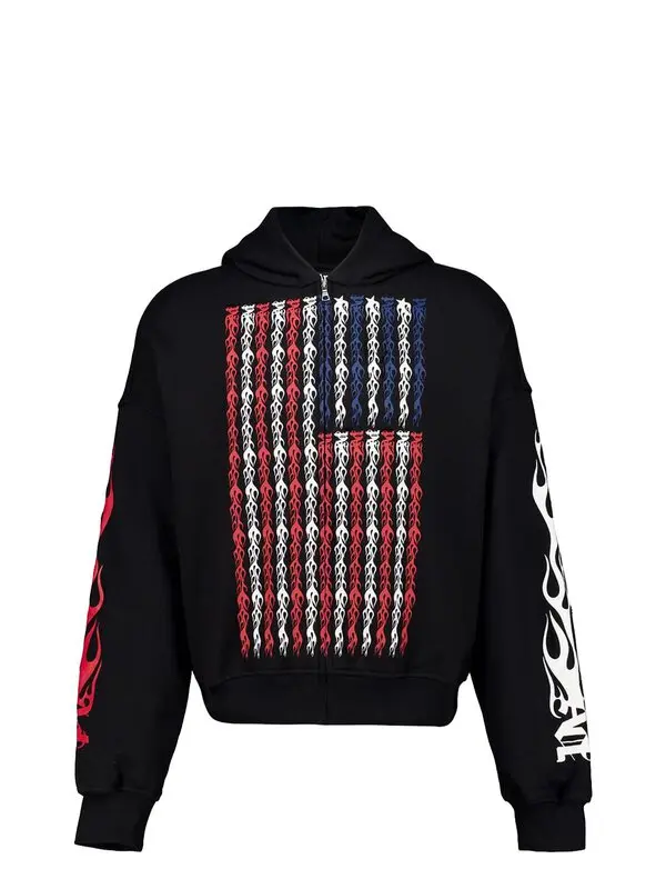 Palm Angels Full-zip Hooded Sweatshirt With Flames Flag - Black