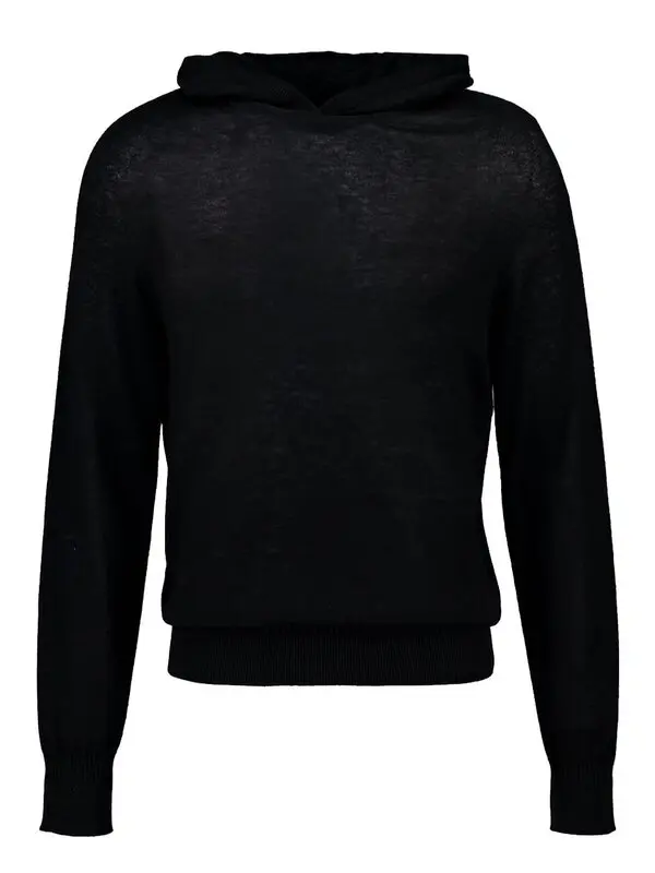 120% Lino Wool Hooded Knit Sweater - Black