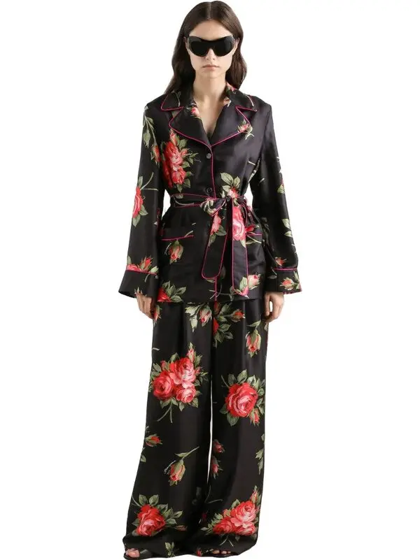 Dolce & Gabbana Rose Bouquet Print Wide Leg Twill Trousers - Black