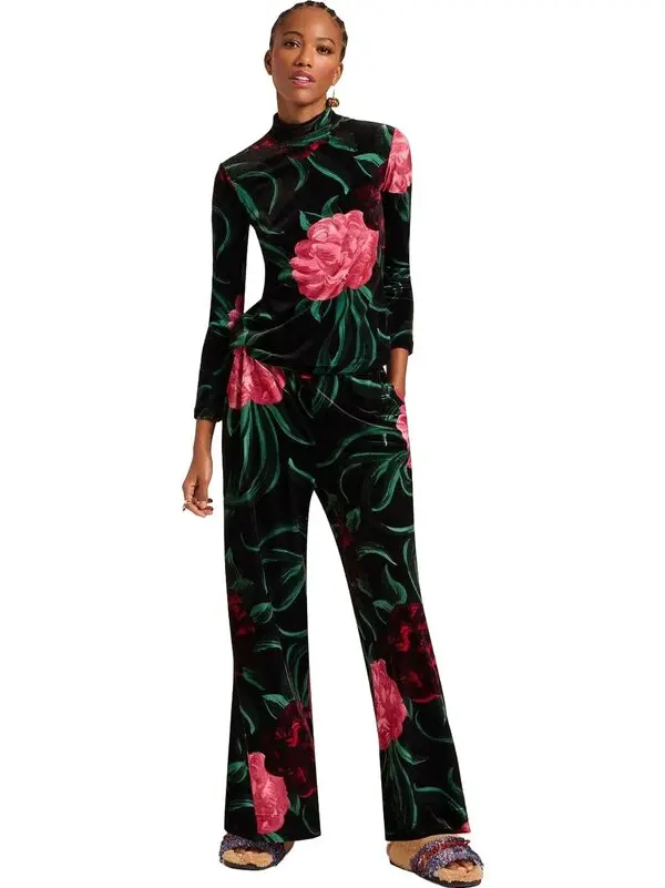 La DoubleJ Peony Velvet Stretch Palazzo Pants - Black