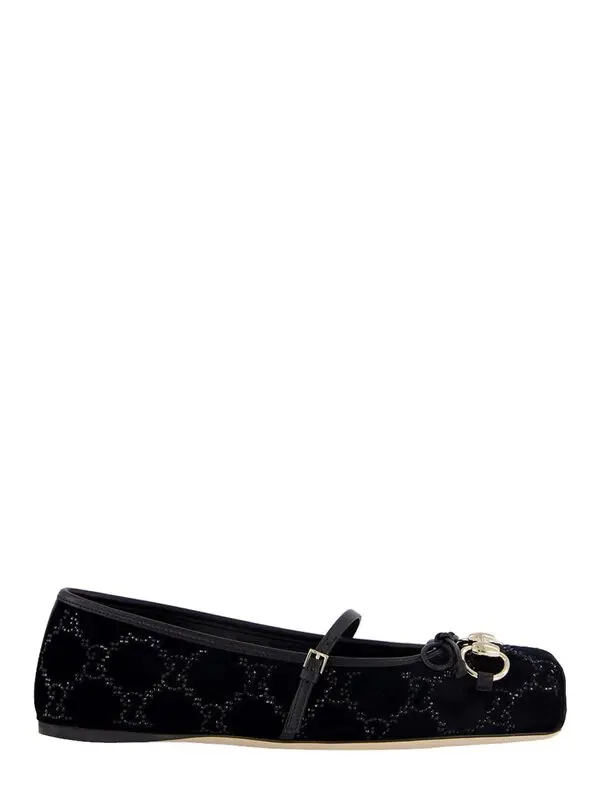 Gucci Velvet Gg Crystal Horsebit Ballet Flat - Black