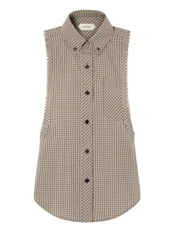 Versace Sleeveless Frayed Checked Shirt - Brown