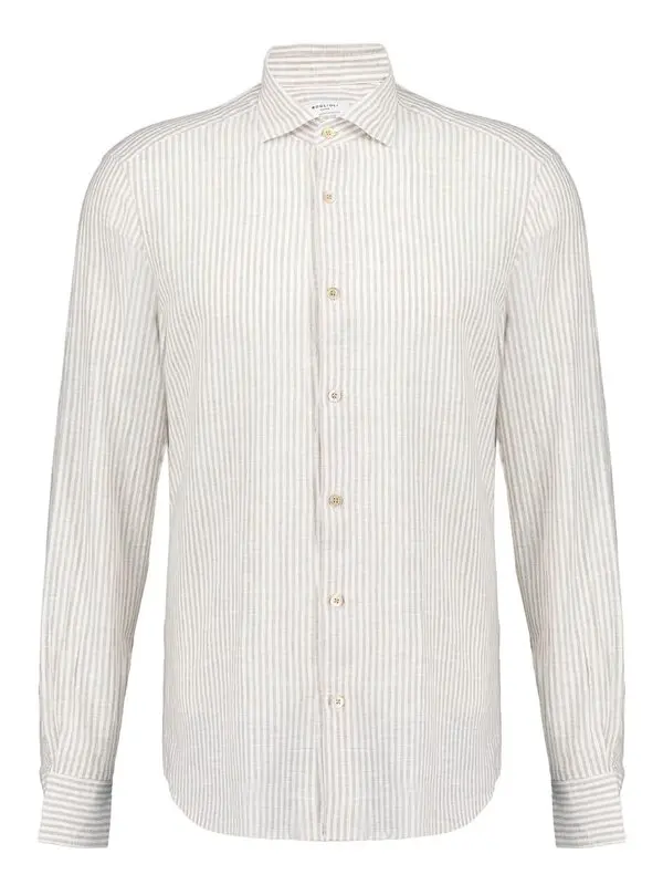 Boglioli White & Striped Cotton-linen Shirt - Beige
