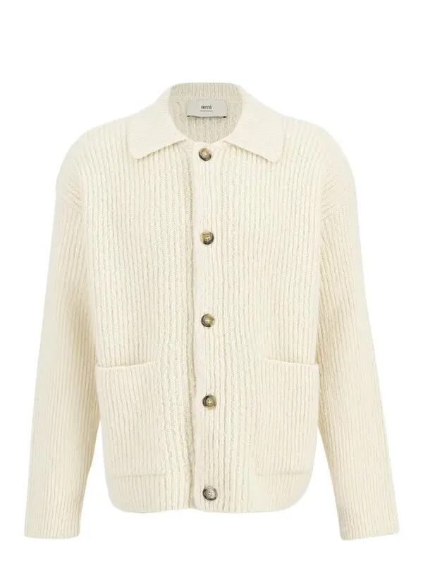 AMI Paris Knit Cardigan With Branded Buttons - Cream