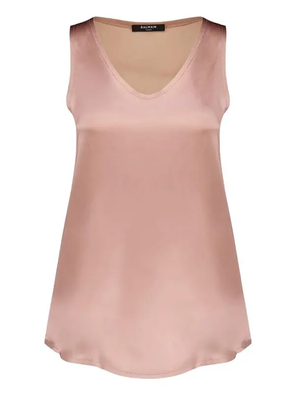 Balmain Silk Crepe V-neck Sleeveless Top - Beige