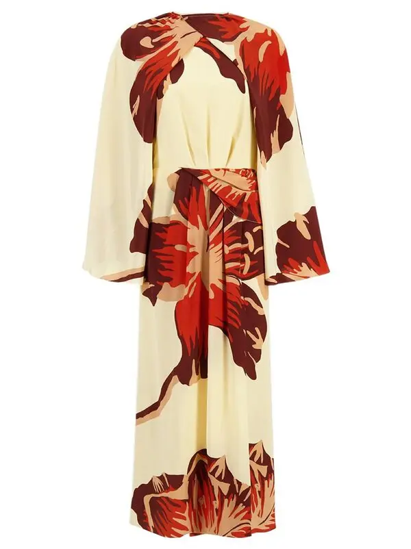 Johanna Ortiz Floral-print Silk Midi Dress With Cape - Beige
