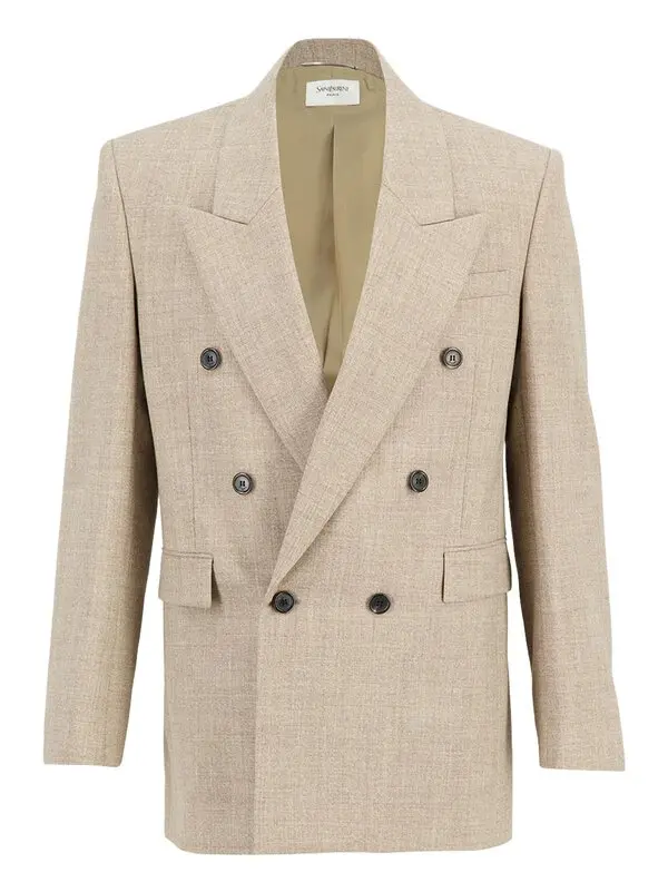 Saint Laurent Taupe Wool Double-breasted Blazer - Beige