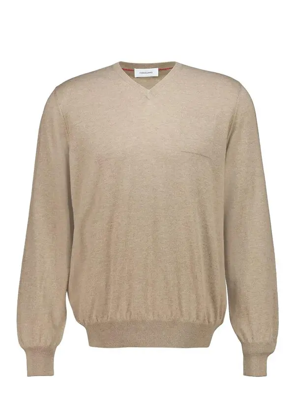 FERRAGAMO Virgin Wool V-neck Sweater - Beige