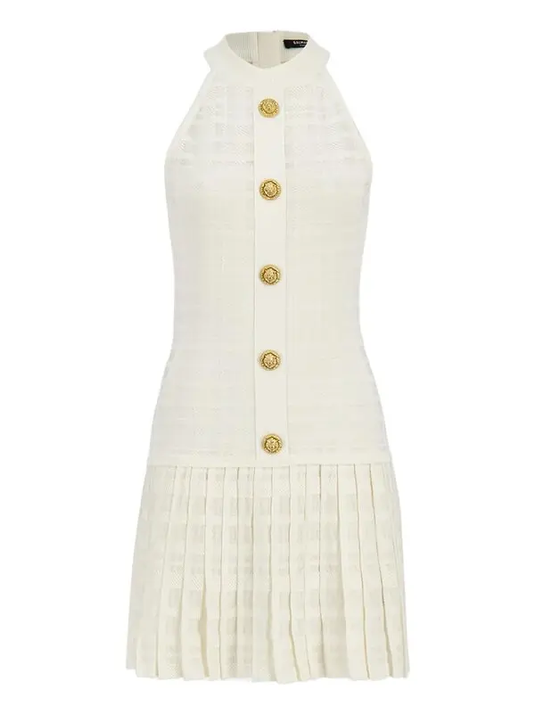Balmain Sleeveless Tartan Knit Mini Dress - Cream