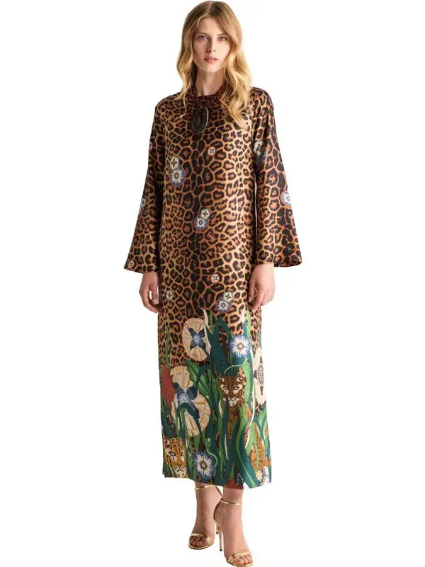 PAULA Shirley Junglito Print Silk Midi Dress - Brown