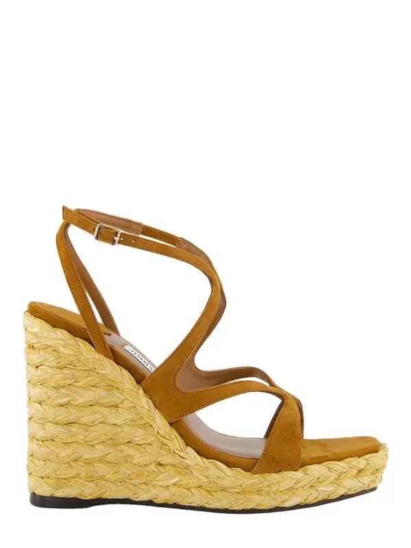 JIMMY CHOO Ayla 110 Suede Wedge Sandals With Raffia - Brown