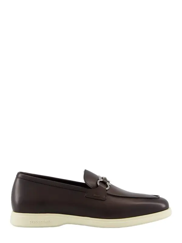 FERRAGAMO Dark Calfskin Loafers With Gancini Ornament - Brown