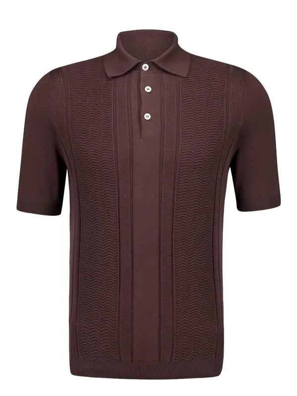 Brunello Cucinelli Dark Cotton Knit Polo With Jacquard Stripes - Brown