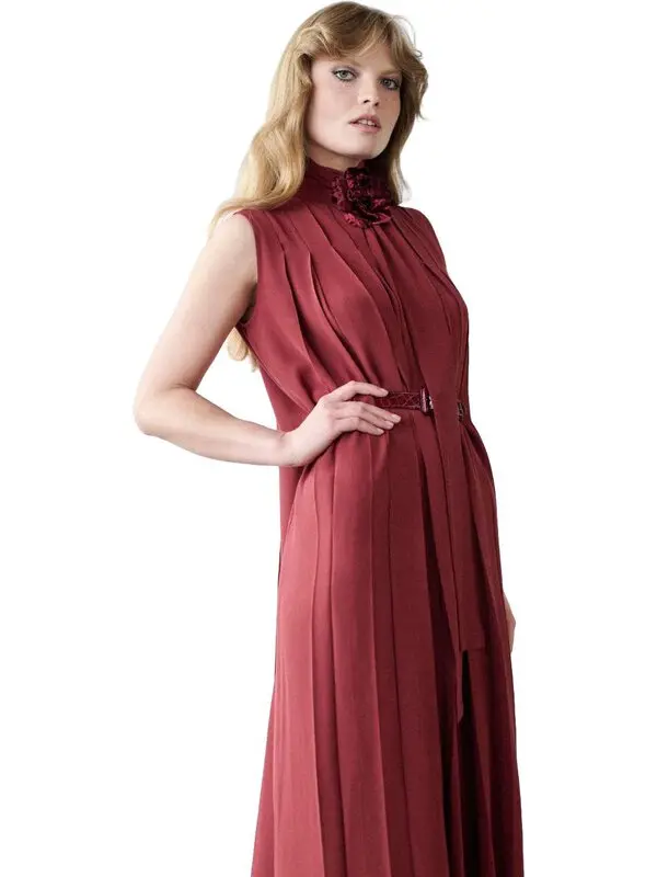 PAULA Aquarius Silk Cape Dress With Detachable Brooch - Burgundy