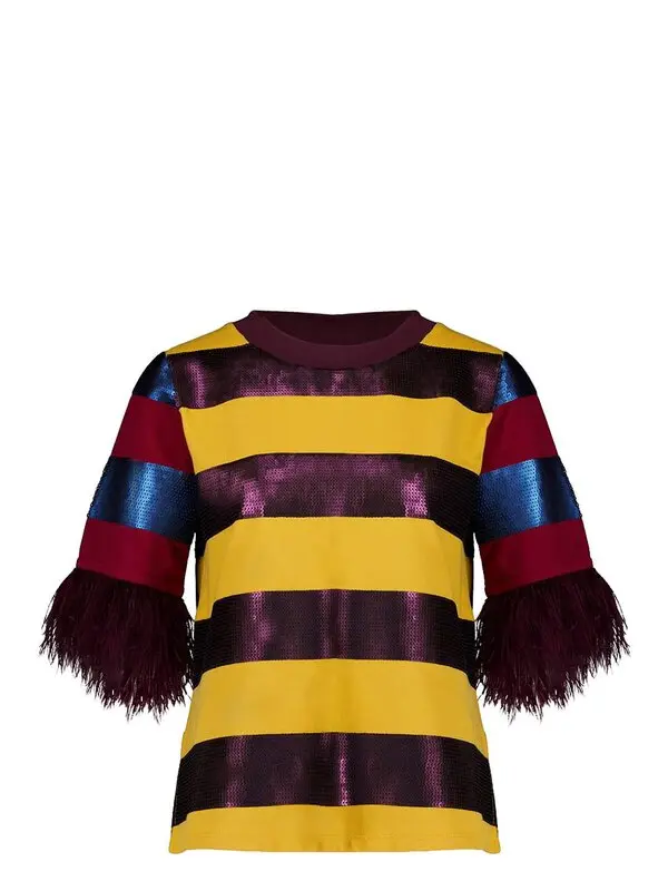 PAULA Lyra Sequin Embroidered Striped T-shirt With Feathers - Burgundy
