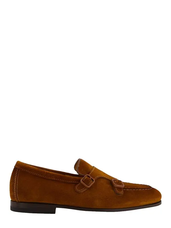 Santoni Suede Double Buckle Loafers - Brown