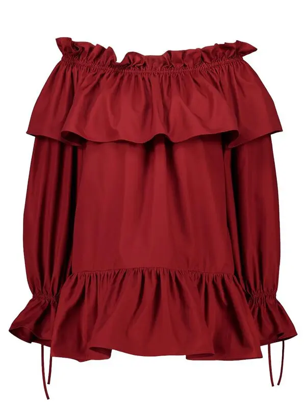 Saint Laurent Off-the-shoulder Ruffled Cotton Twill Dress - Burgundy