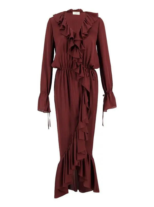 Saint Laurent Ruffled Silk Charmeuse Wrap Dress - Burgundy