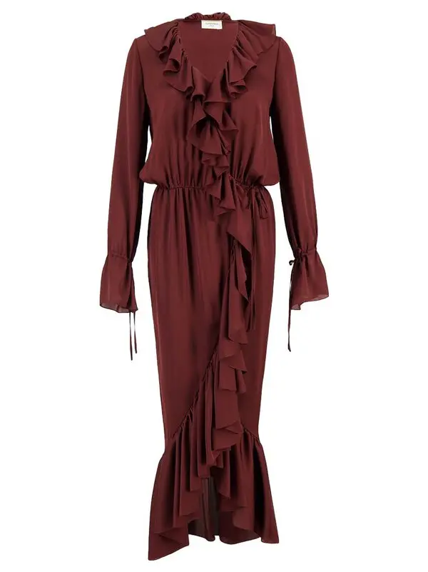 Saint Laurent Ruffled Silk Charmeuse Wrap Dress - Burgundy
